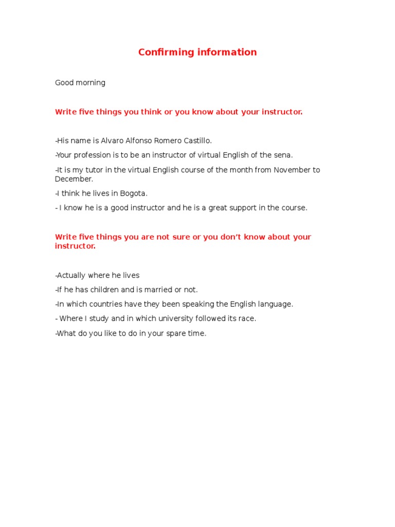 Confirming Information: Write Five Things You Think or You Know About ...