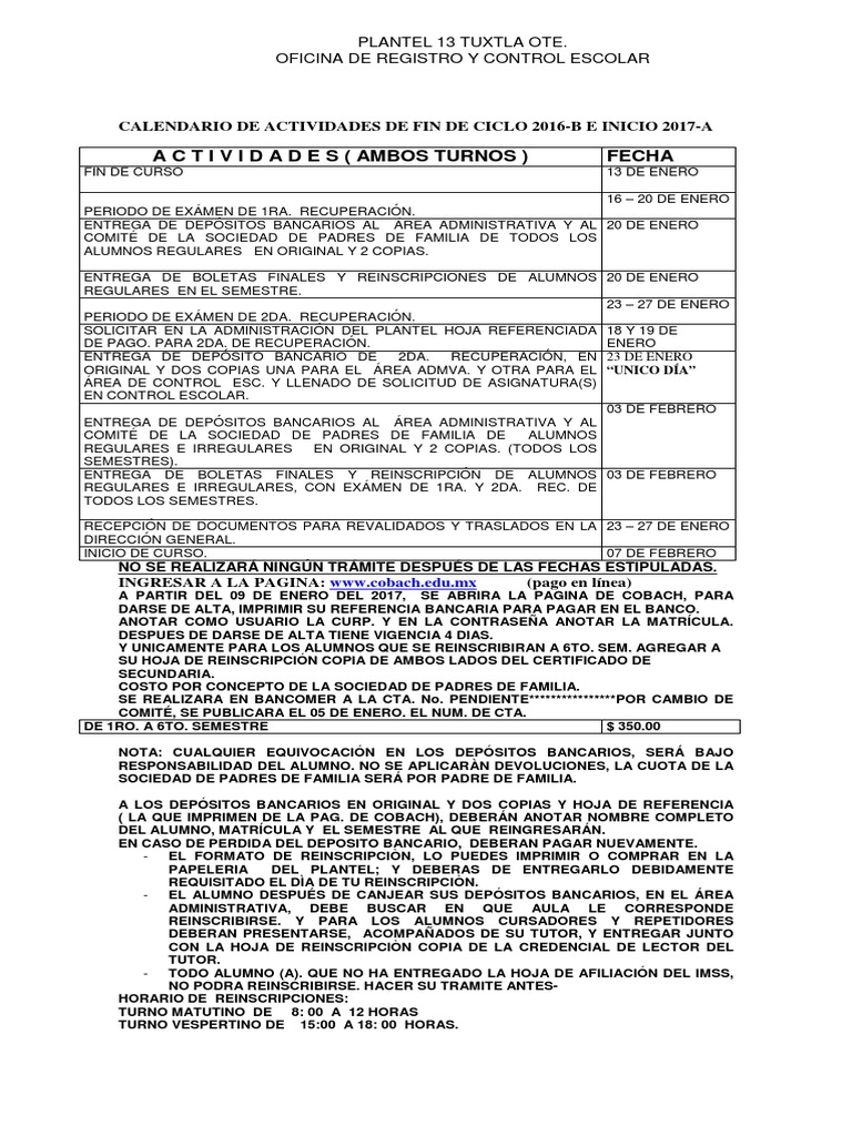 Calendario Fin de Ciclo 2016-B - 2017-A | PDF