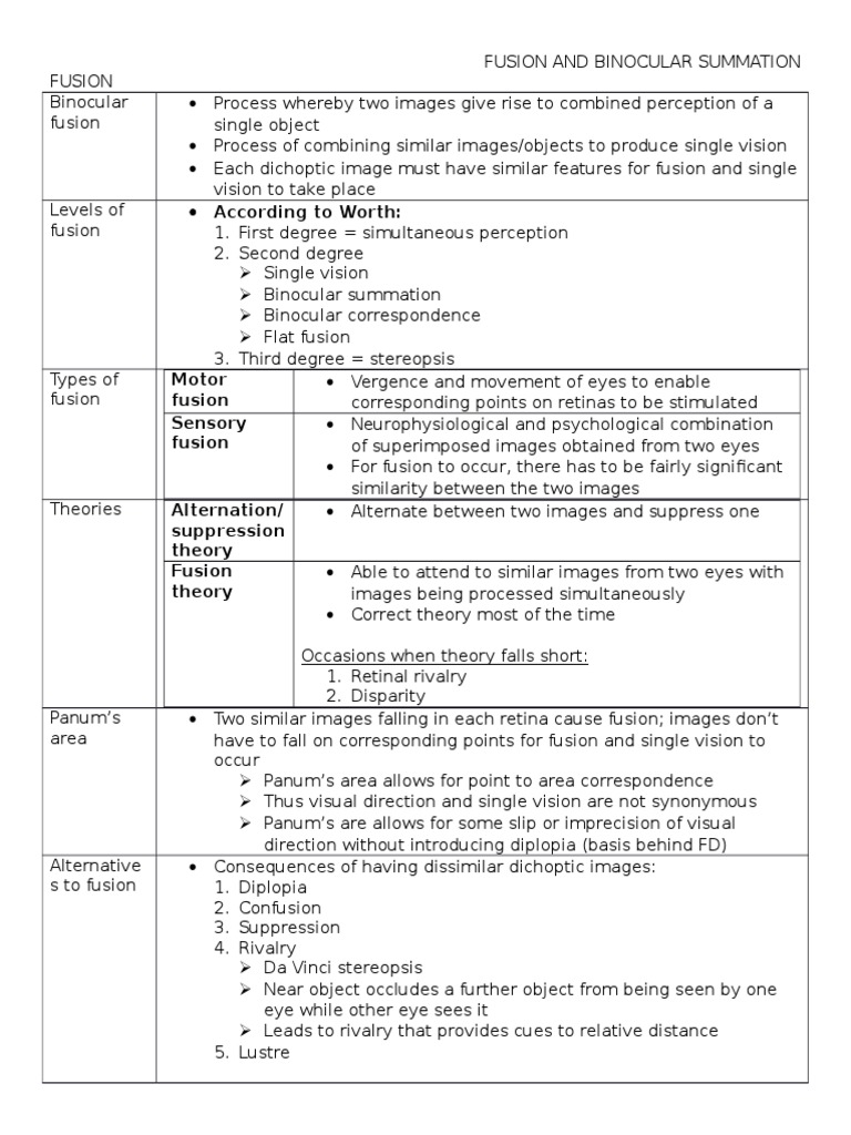 Binocular Fusion and Summation Guide | PDF | Visual Perception ...