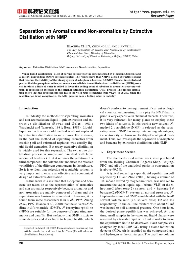 Separation On Aromatics and Non-Aromatics by Extractive Distillation ...
