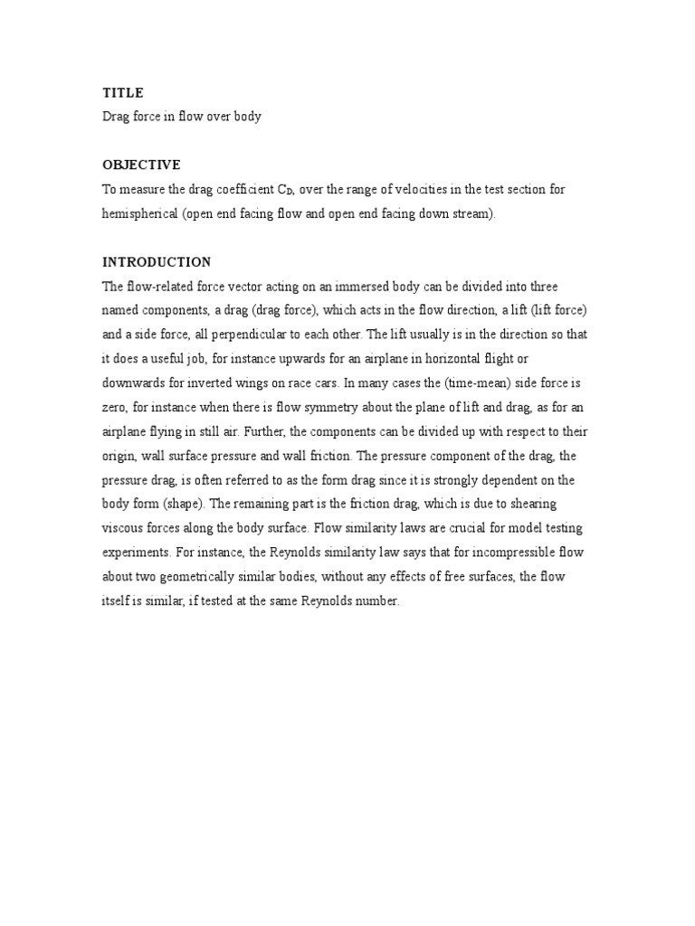 Drag Force in Flow Over A Body | PDF | Lift (Force) | Drag (Physics)