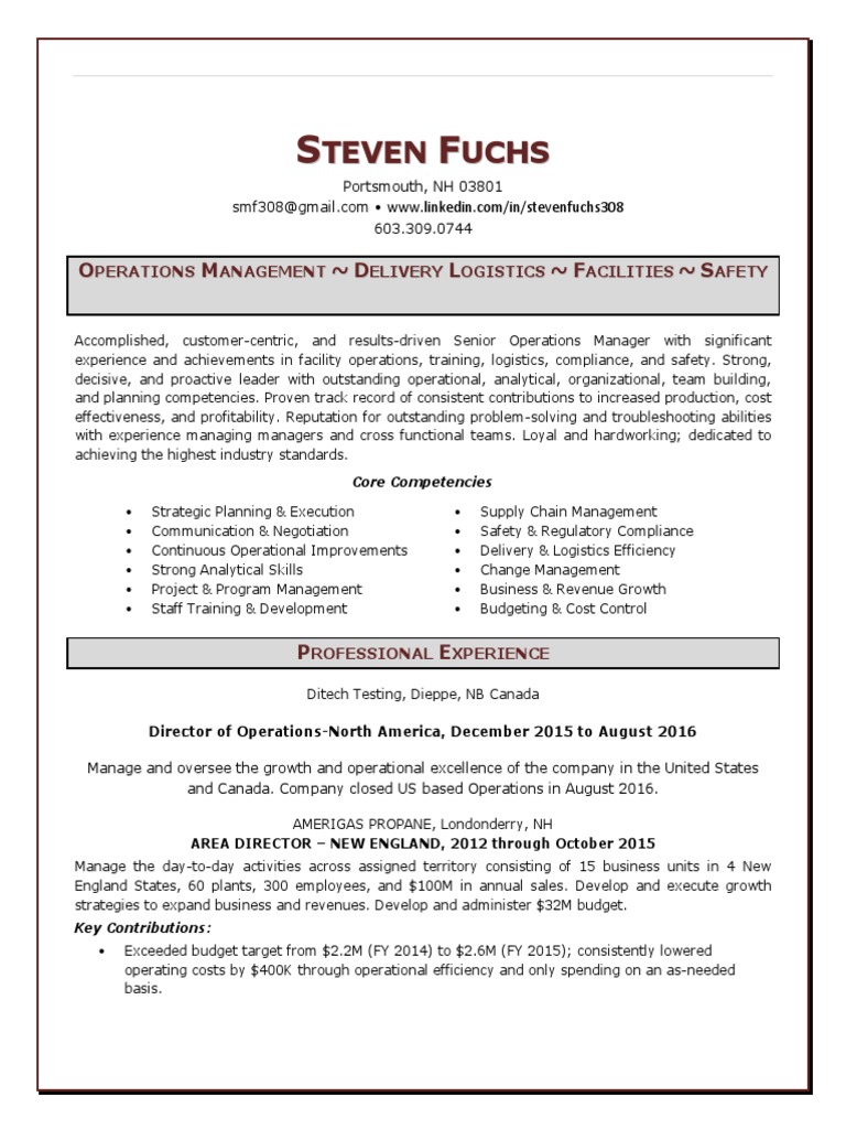 Regional Operations Manager in Boston MA Resume Steven Fuchs | PDF ...