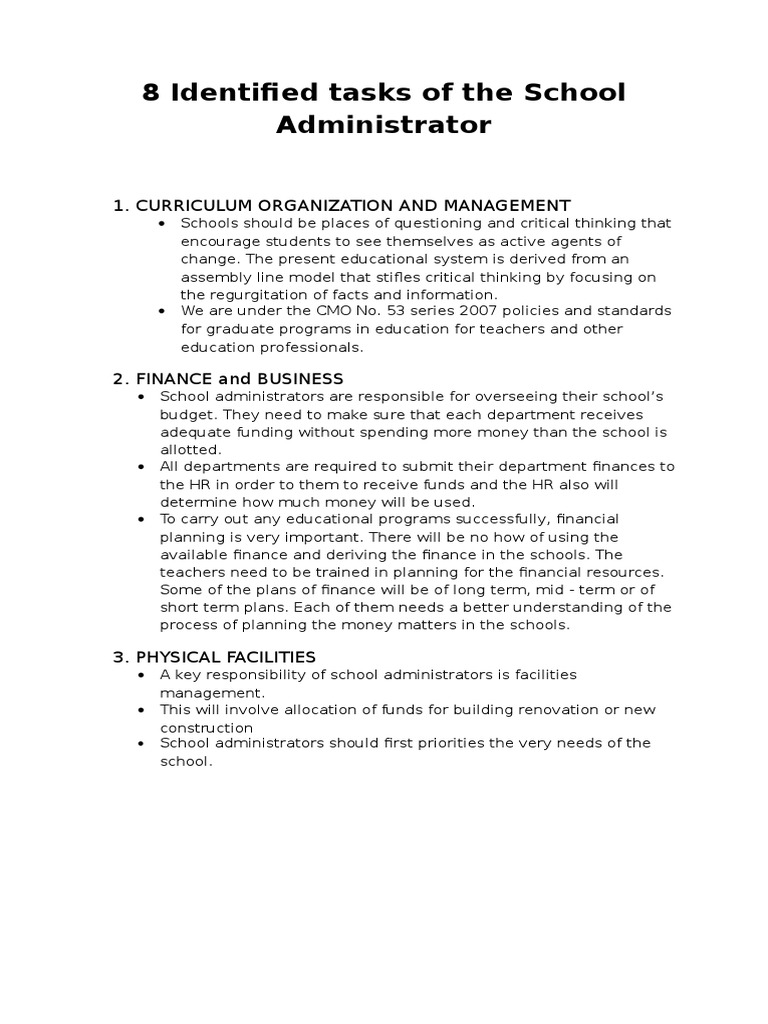Identified Task of School Administration | PDF