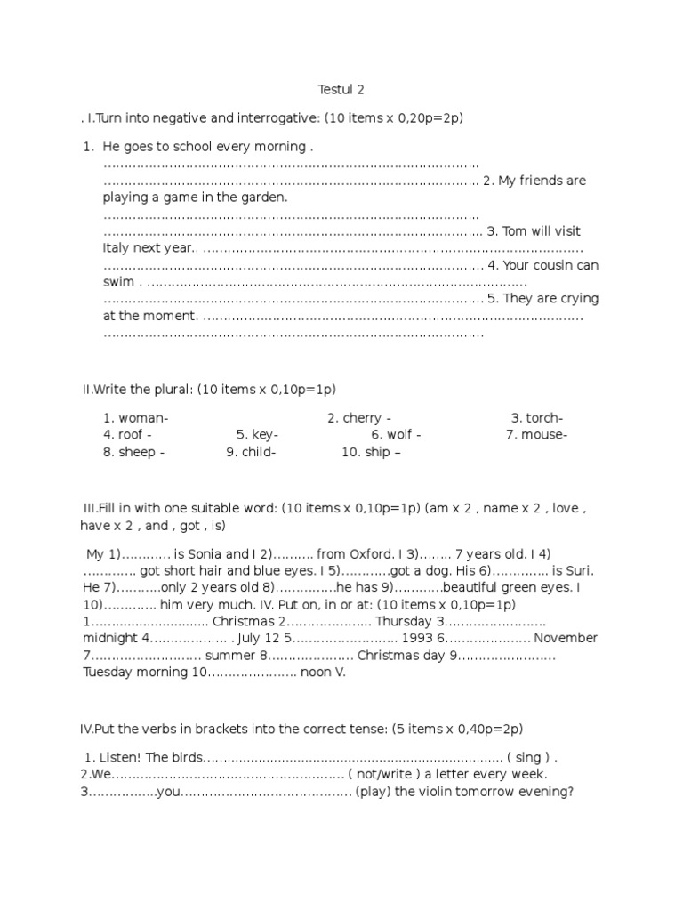 Test clasa a 5a | Grammar | Onomastics