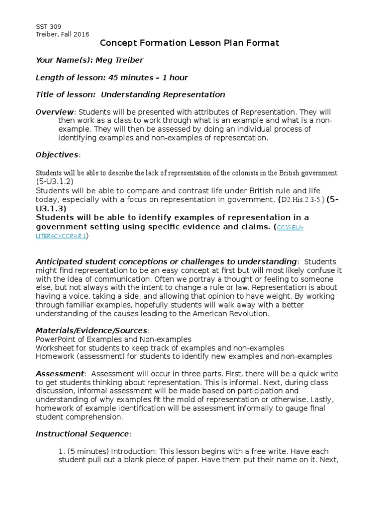 Concept Formation Lesson Plan Representation | PDF | Reading ...