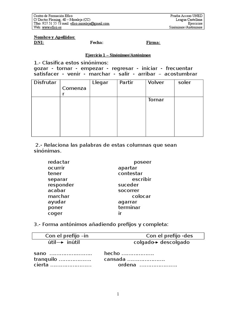 Ejercicio 1 Sinonimos y Antonimos | PDF