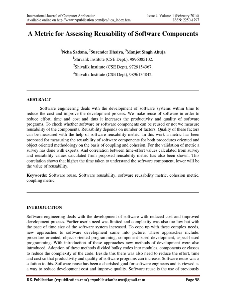 A Metric For Assessing Reusability of Software Components: Neha Sadana, Surender Dhaiya, Manjot ...
