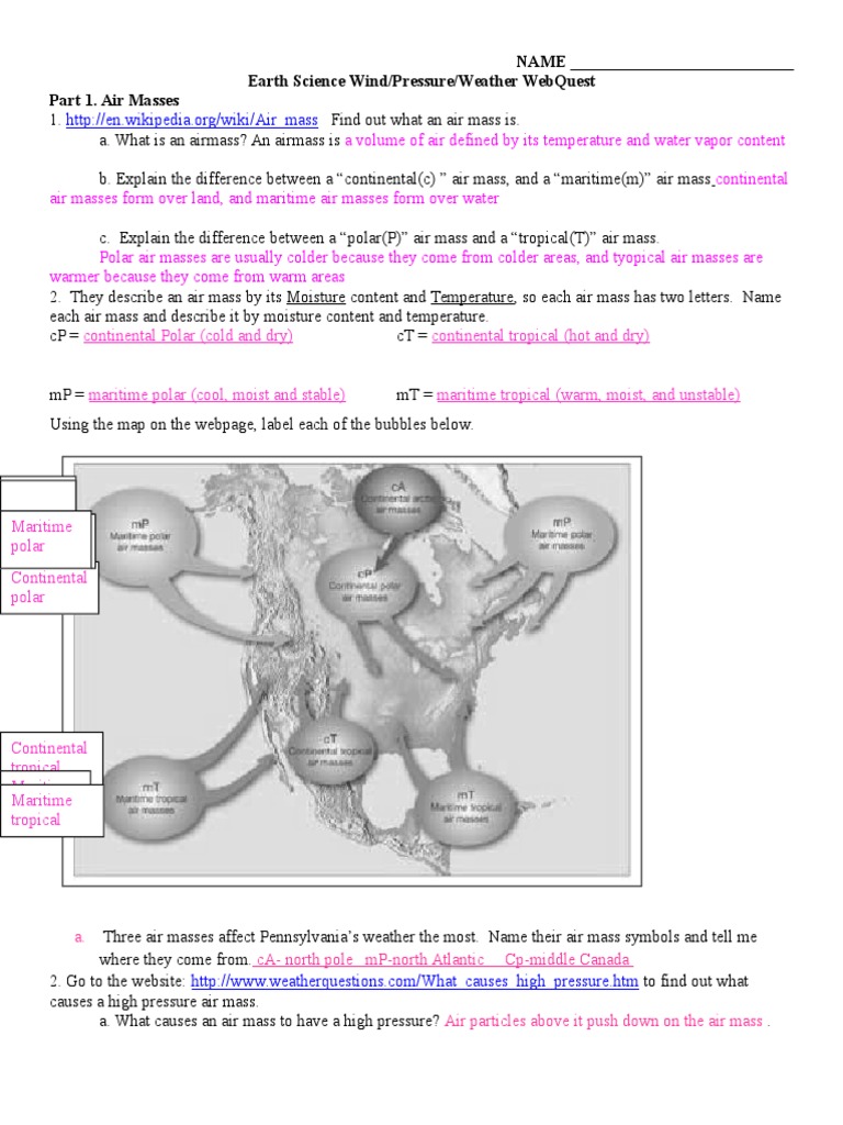 Name - Earth Science Wind/Pressure/Weather Webquest Part 1. Air Masses ...