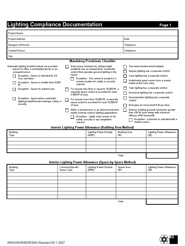 Lighting Compliance Documentation: Mandatory Provisions Checklist | PDF ...