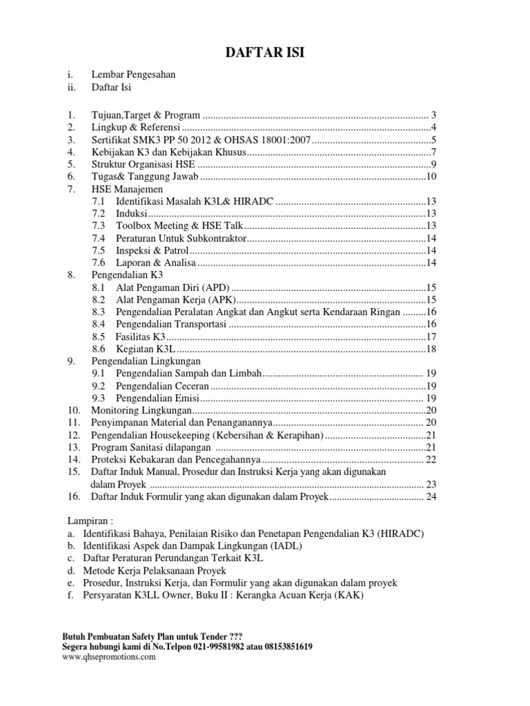 Contoh Daftar Isi Hse Plan | PDF