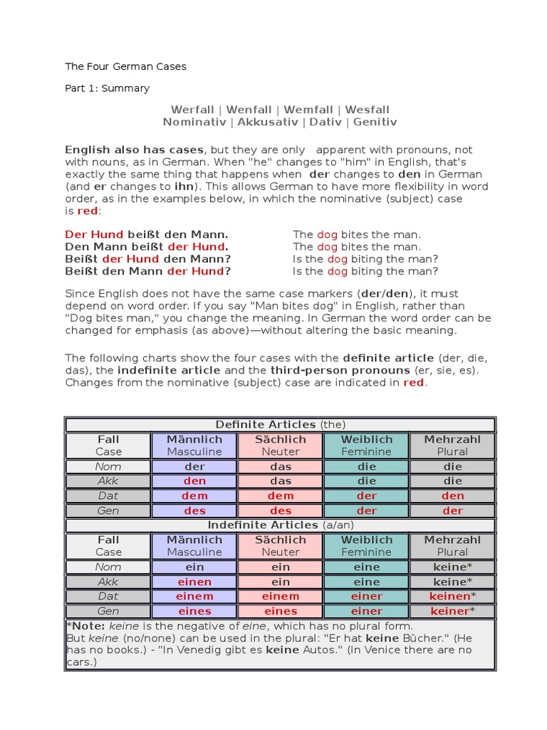 The Four German Cases | PDF | Grammatical Gender | Preposition And ...
