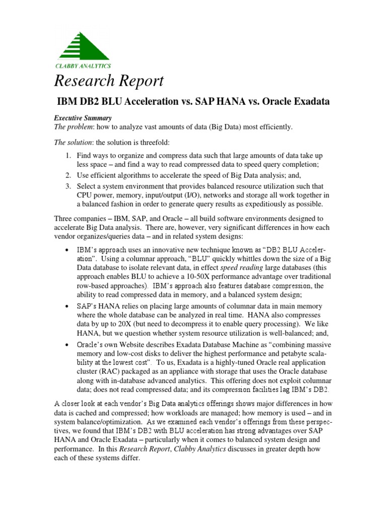 Research Report: IBM DB2 BLU Acceleration vs. SAP HANA vs. Oracle Exadata | PDF | Oracle ...