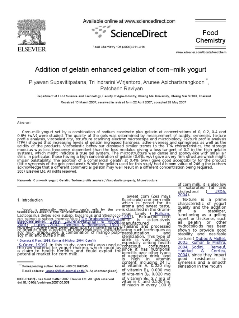 Addition of Gelatin Enhanced Gelation of Corn-Milk Yogurt | PDF ...