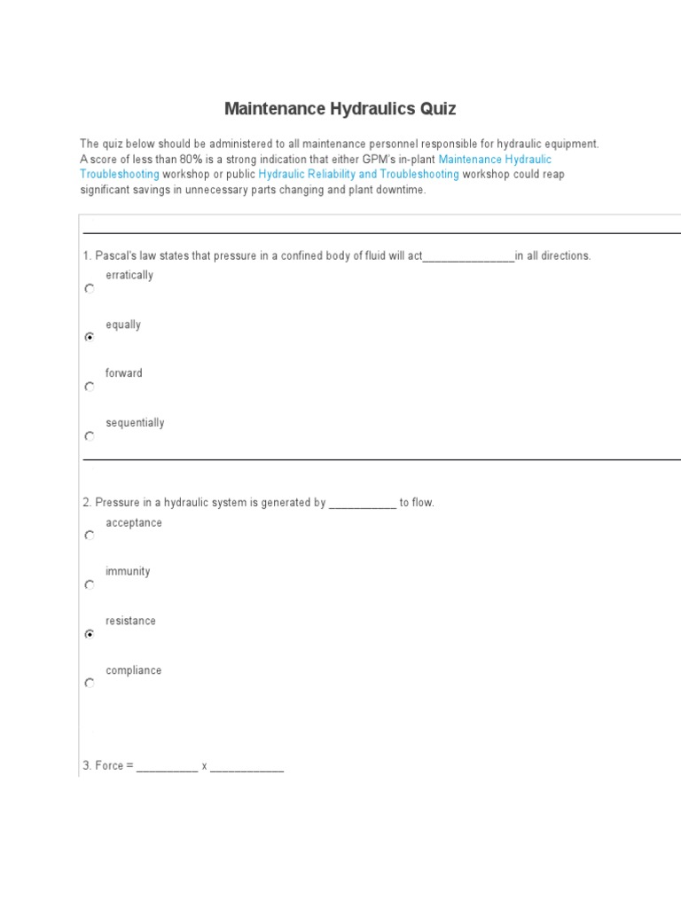 Maintenance Hydraulics Quiz | PDF | Valve | Pump