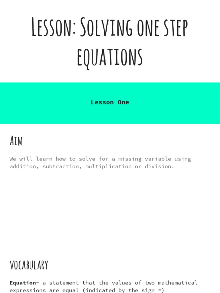 Lesson: Solving One Step Equations | PDF