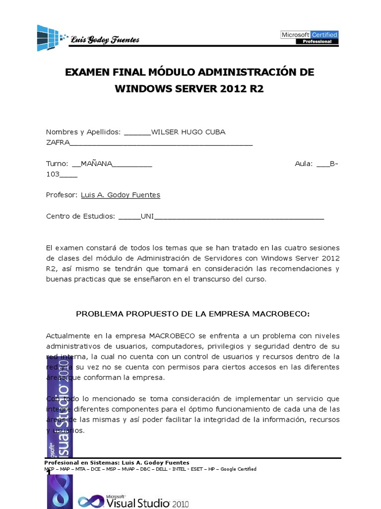 Examen Windows Server 2012 R2 | PDF | Directorio Activo | Servidor (Computación)