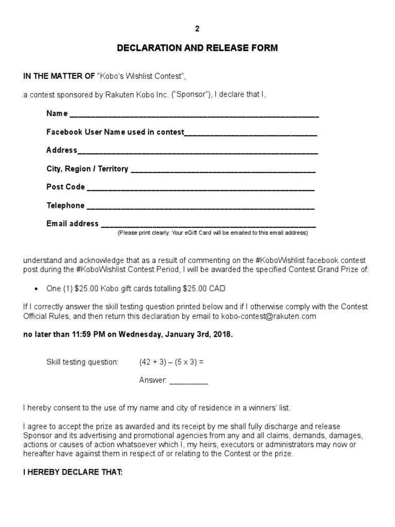 Declaration Release Form - Kobo Wishlist Contest - Grand Prize V2 | PDF ...