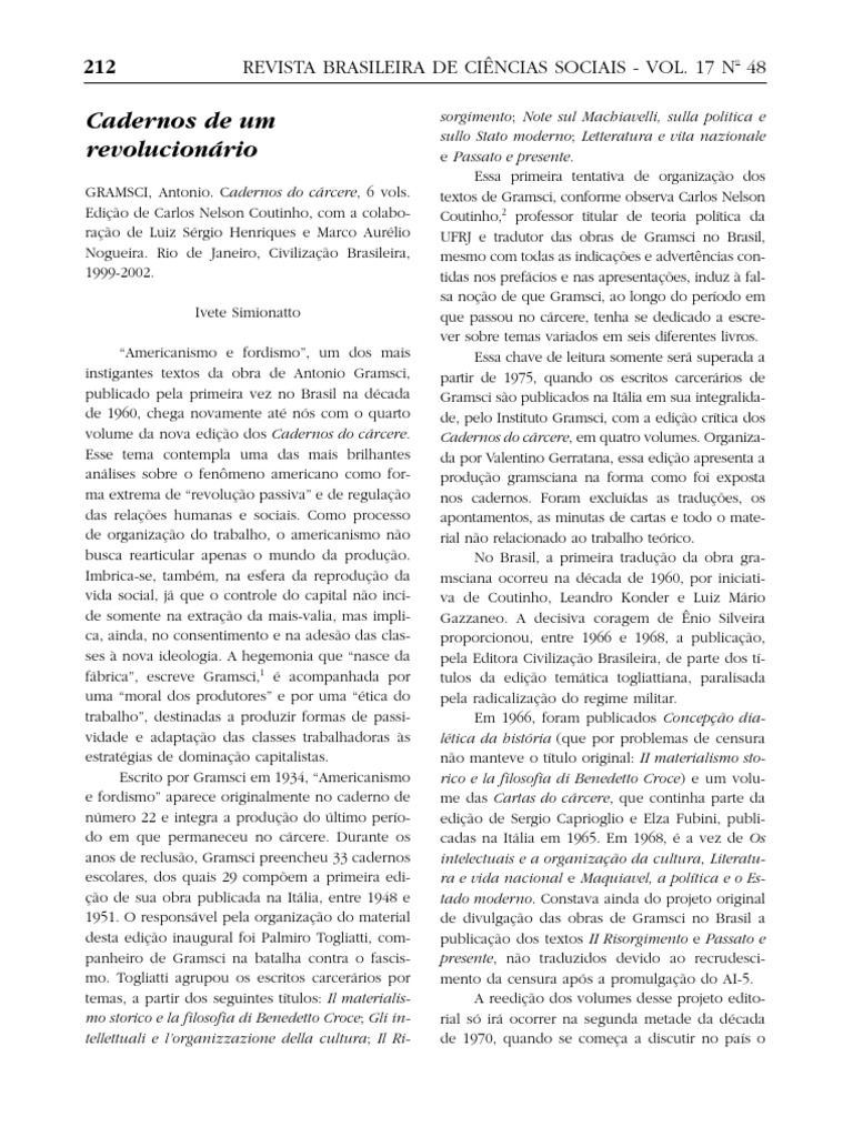 Gramsci Artigo Cadernos Do Cárcere Vol 4 Pdf Pdf Antonio