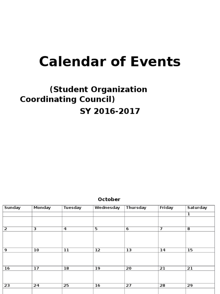Student Organization Events Calendar 2016-2017 | PDF