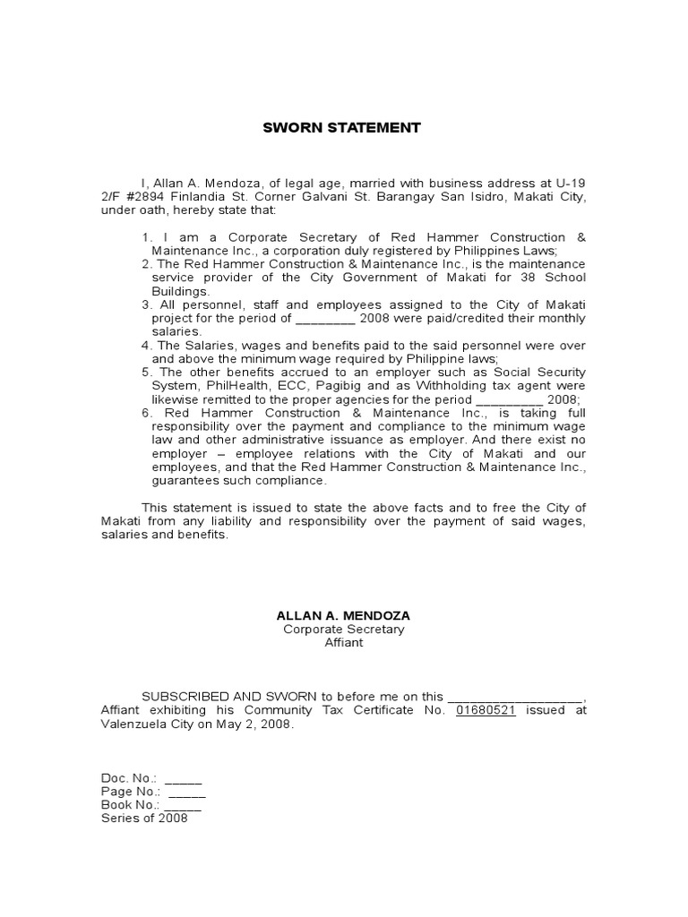 Sworn Statement (Payroll) | PDF