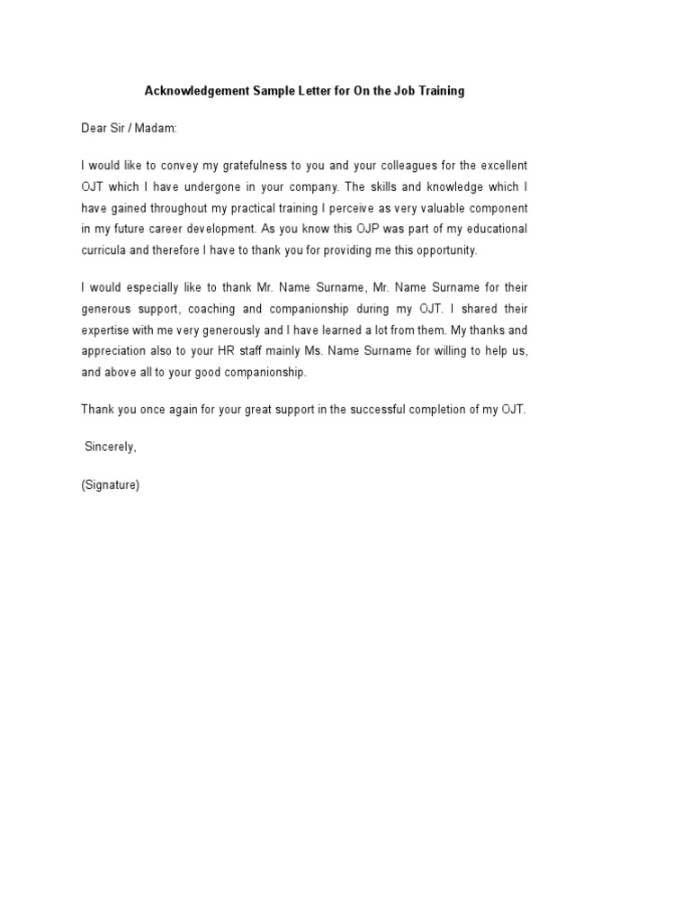 Acknowledgement Sample Letter For On The Job Training | PDF