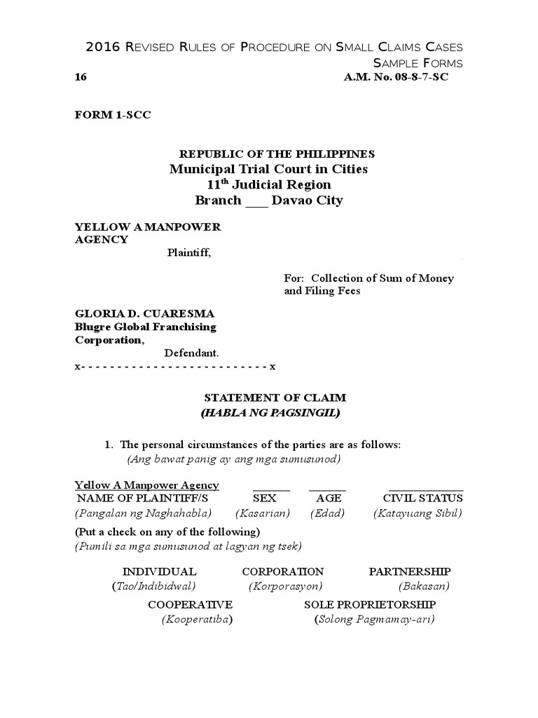 2016 Revised Rules On Small Claims - Sample Forms | PDF | Lawsuit ...