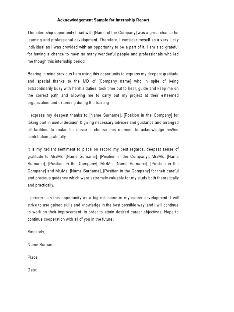 Acknowledgement Sample For Internship Report | PDF