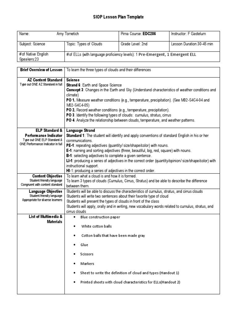 Siop Cloud Lesson Plan | PDF | Cloud | Lesson Plan