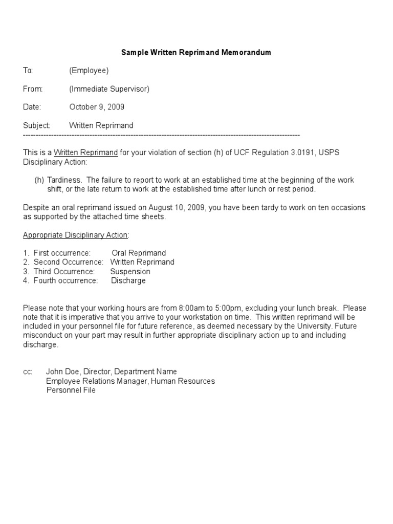 Sample Written Reprimand Memorandum | PDF