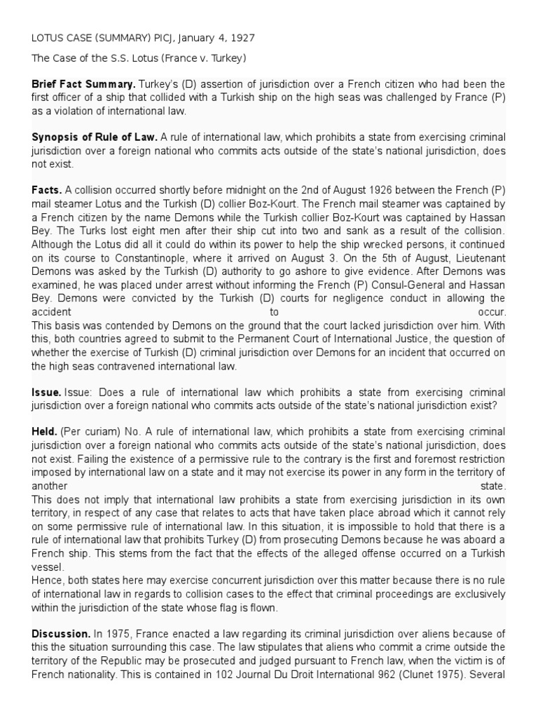 Lotus Case | PDF | Jurisdiction | International Law