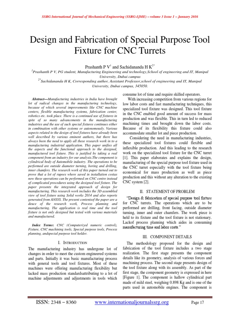 Design and Fabrication of Special Purpose Tool Fixture For CNC Turrets ...