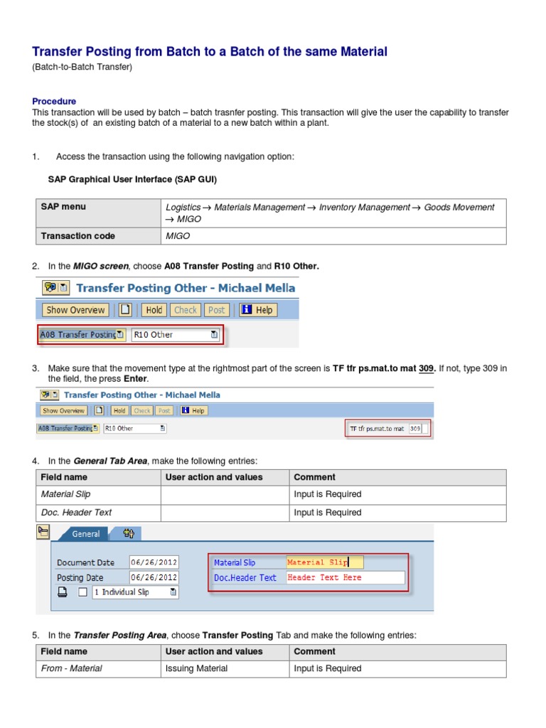 Transfer Posting Material-To-Material (Batch-To-Batch) - Batch To Batch ...