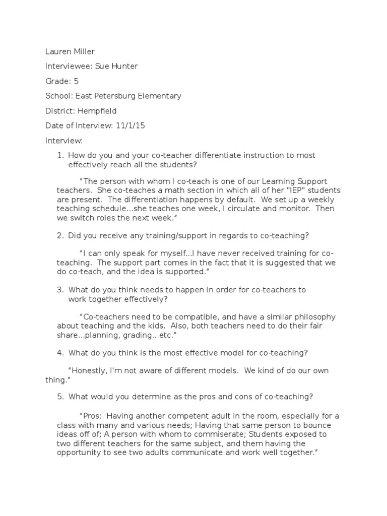 Co-Teaching Interview | PDF | Teachers | Inclusion (Education)