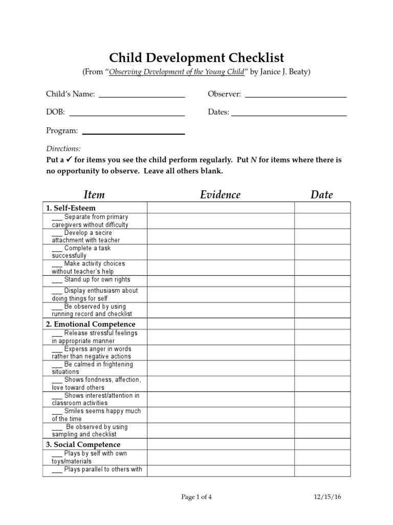 Child Development Checklist: Item Evidence Date | PDF | Child ...