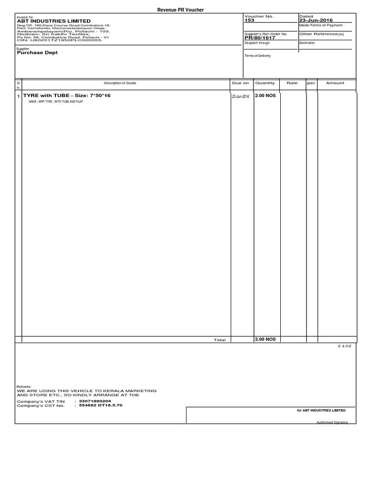 Tyre Purchase Invoice for Marketing Vehicle | PDF