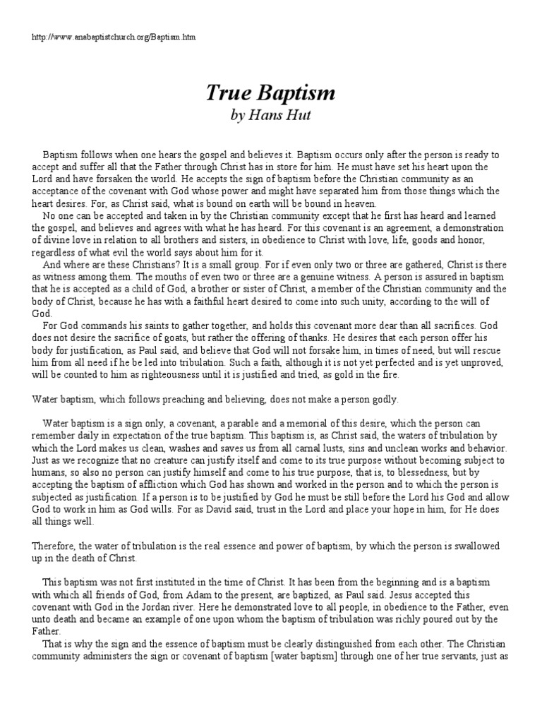Hut, Hans. True Baptism | PDF | Baptism | Justification (Theology)