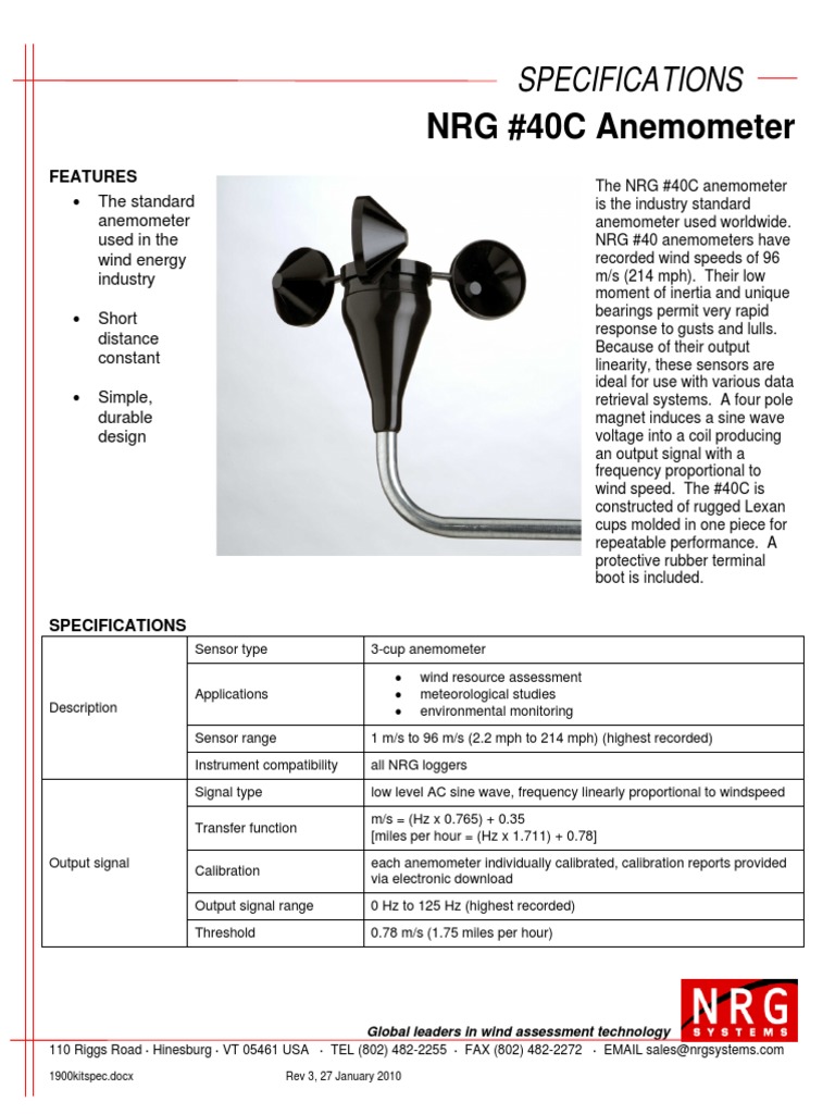 NRG 40C Anemometer Data Sheet | Wound | Hertz