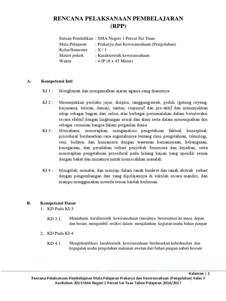 RPP PKWU Pengolahan Kelas X Revisi Ok | PDF