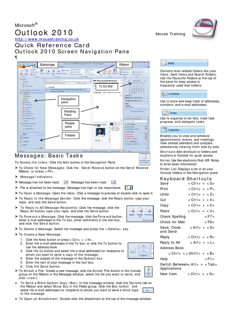 Outlook 2010: Quick Reference Card | PDF | Email | Cyberspace