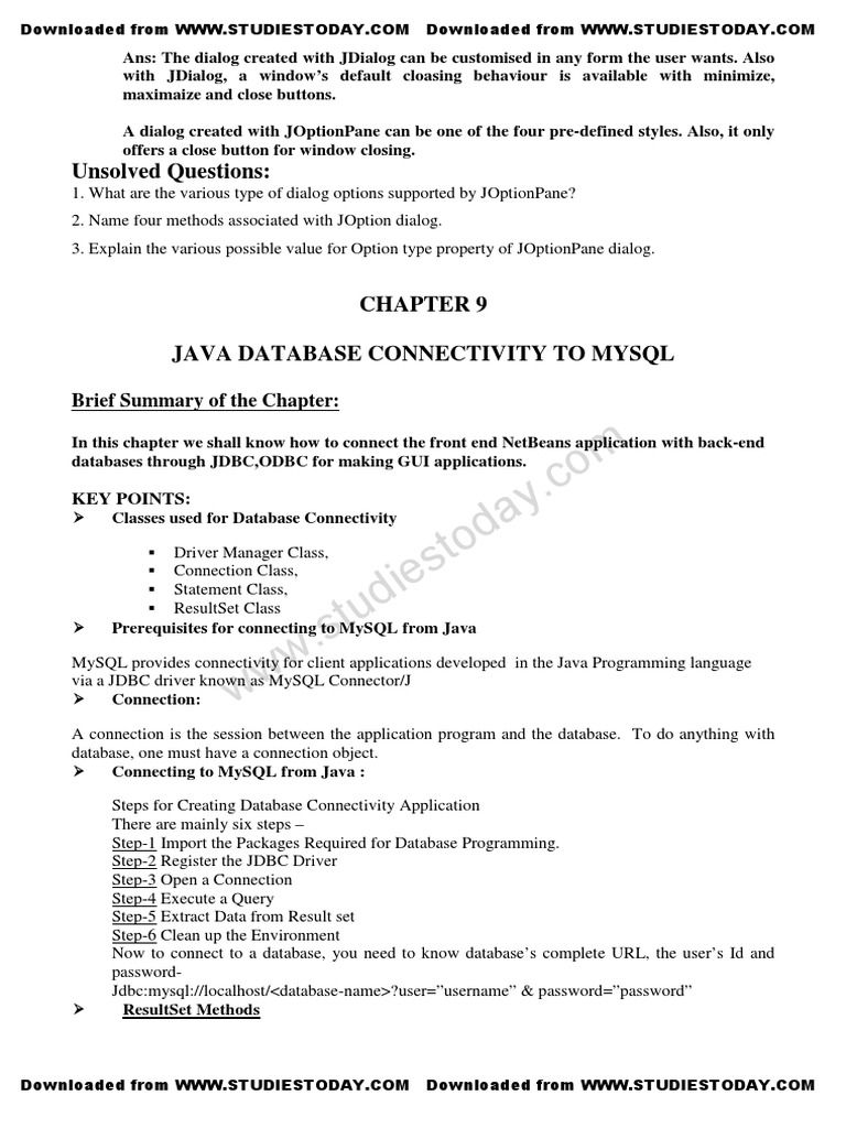 CBSE Class 12 Informatics Practices Java Database Connectivity To Mysql ...