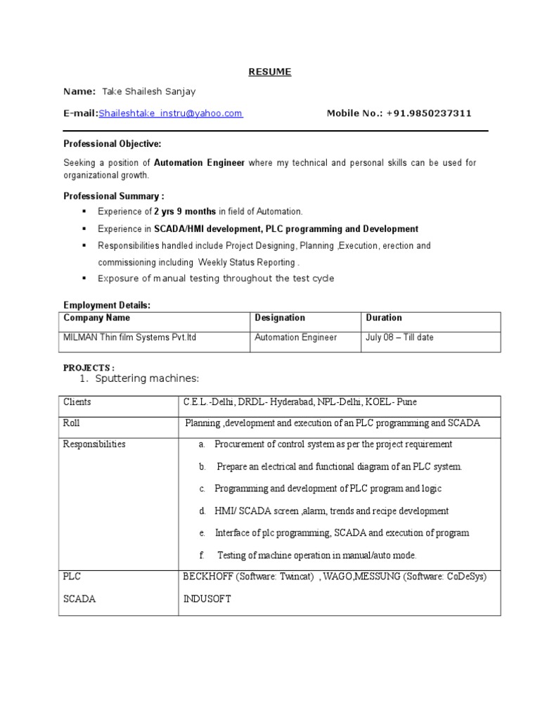 Resume Name: Take Shailesh Sanjay E-Mail: Professional Objective | PDF ...