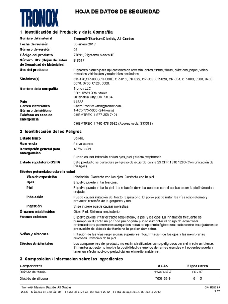 MSDS MP606 Tronox Titanium Dioxide All Grades CPH MSDS NA Mexican ...
