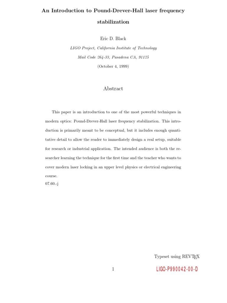 An Introduction To Pound-Drever-Hall Laser Frequency Stabilization | PDF | Resonance | Laser