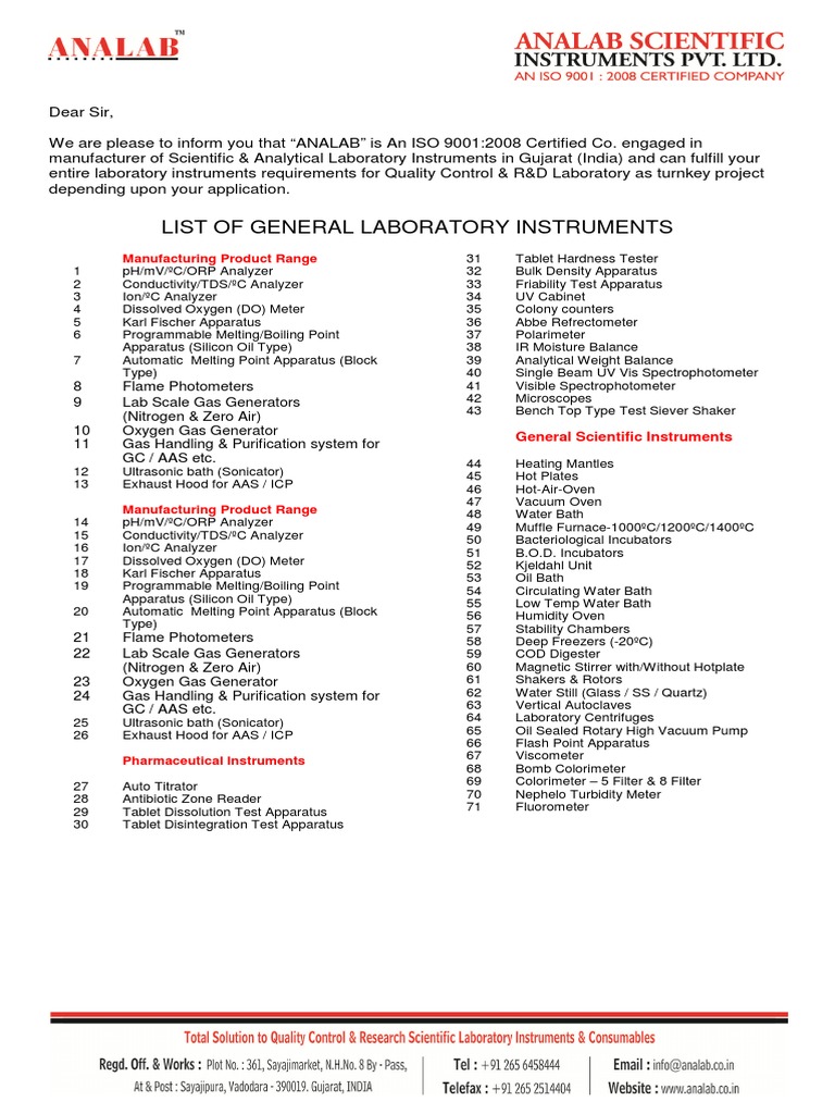 Analab Product List | PDF | Laboratories | Physical Chemistry
