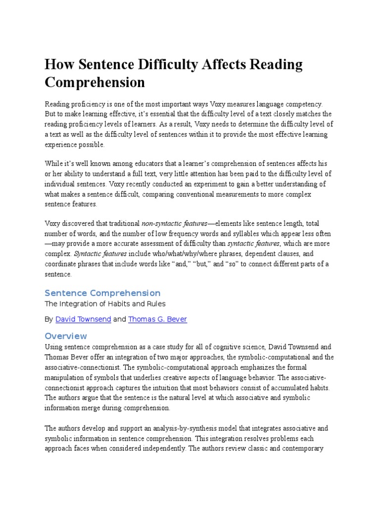 How Sentence Difficulty Reading Comprehension | PDF | Reading ...