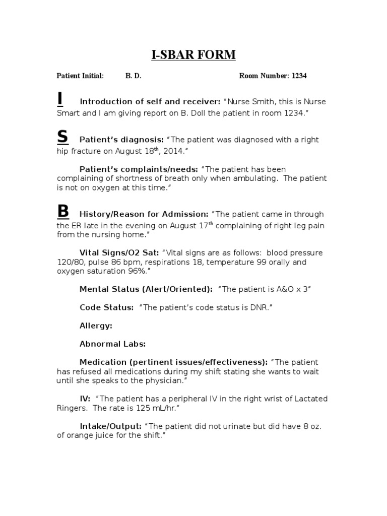 ISBAR Form Instructor Answer Key Attachment 4 | PDF