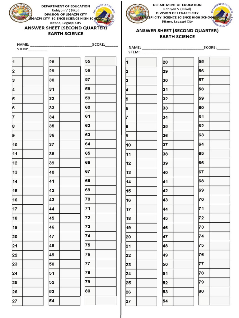 Answer Sheet (Second Quarter) Earth Science Answer Sheet (Second ...