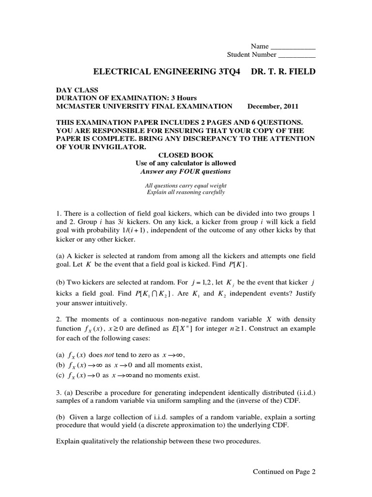 3TQ4 Final 2011 | PDF | Probability Density Function | Random Variable
