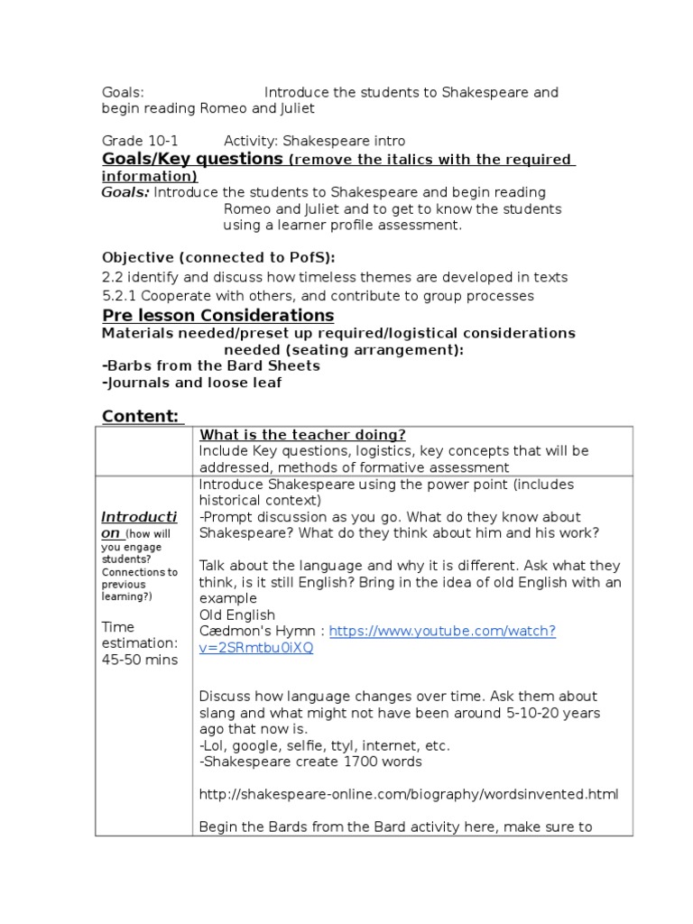 Rjlesson 1 | PDF | Characters In Romeo And Juliet | Educational Assessment