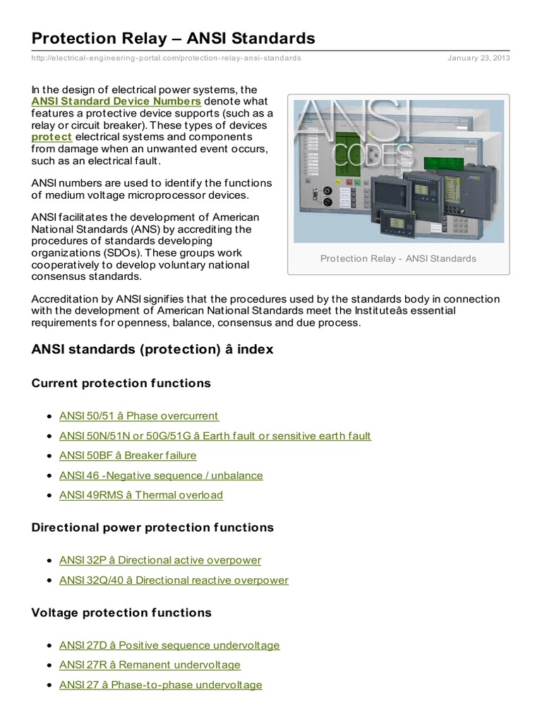 Protection Relay ANSI Standards | PDF | Relay | Transformer